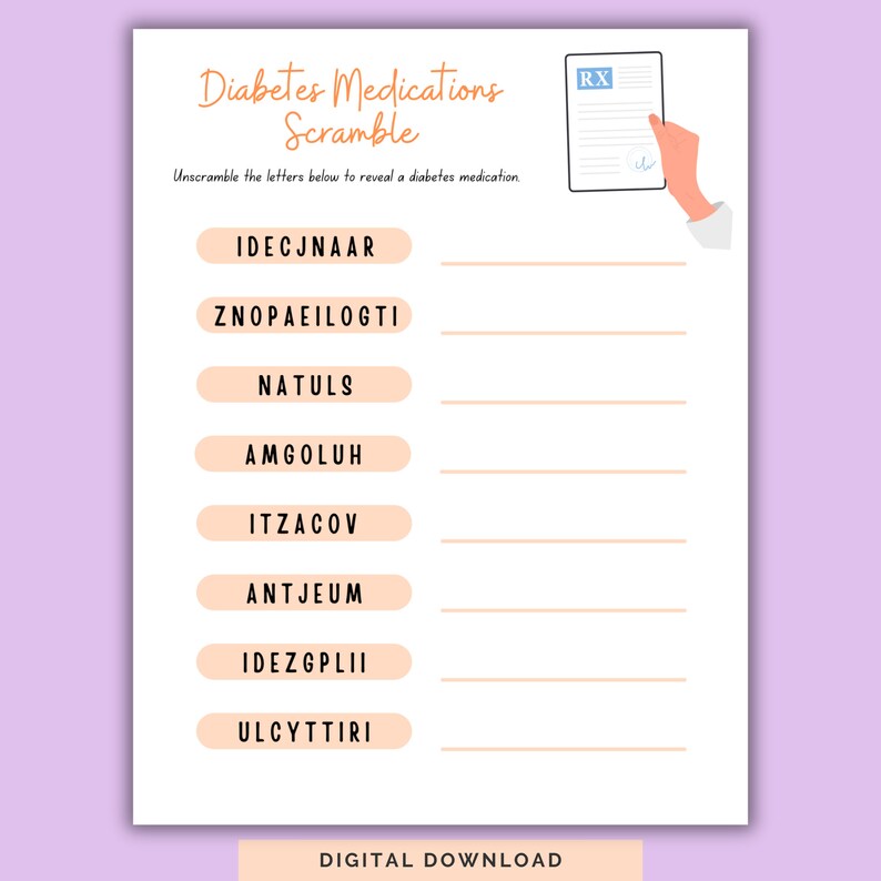 Diabetes Medication Scramble Games: 2 Printable Puzzles (digital ...