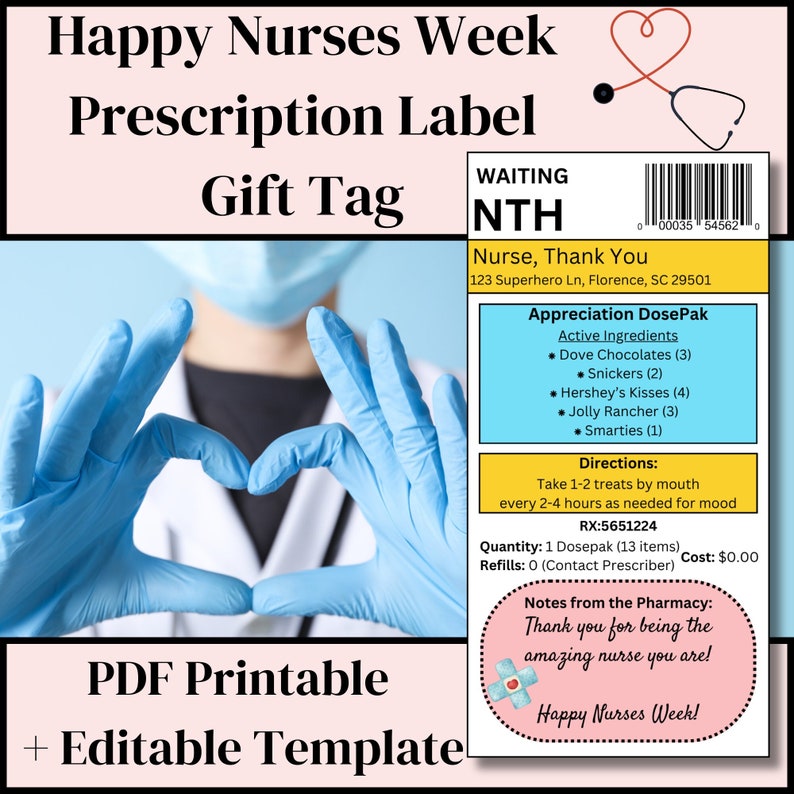 Editable Nurse Week Prescription Label Gift Tag (PDF Digital Download ...