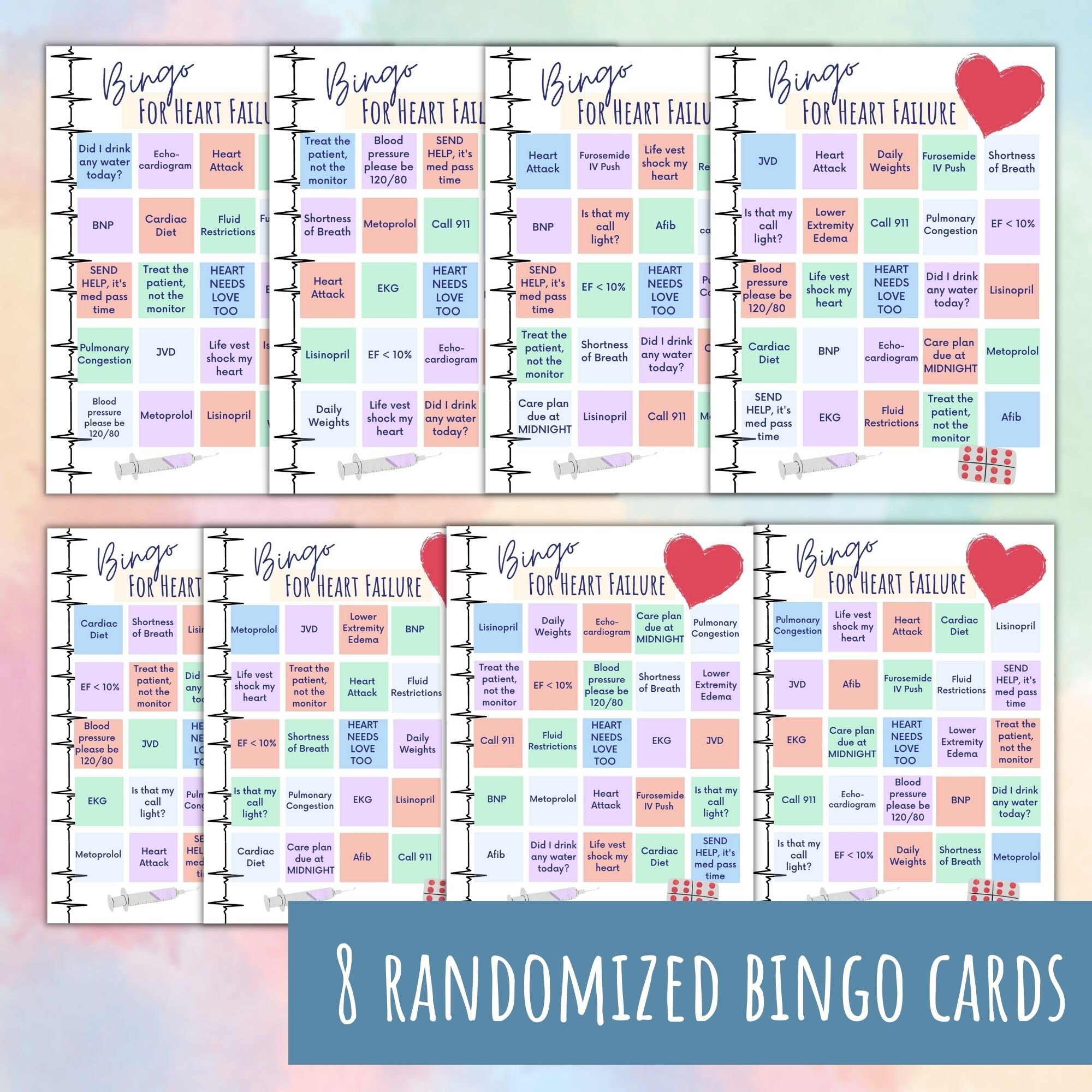 EDITABLE Bingo for Heart Failure ⁕pdf8.5x11*download ⁕8 Randomized Bingo Cards⁕nursing Students ...