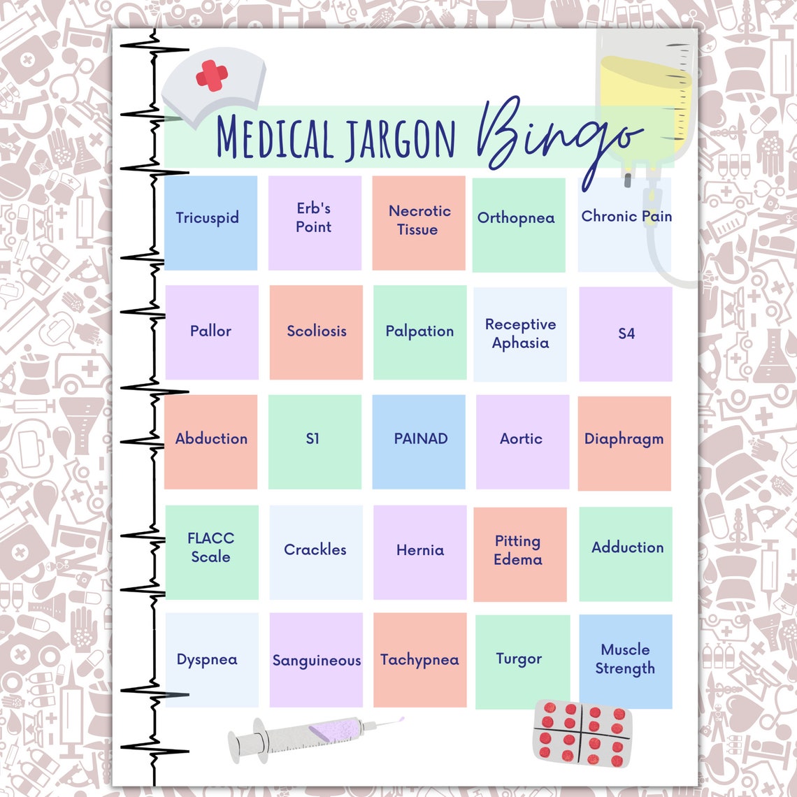 Medical Jargon Bingo Game: 44 Terms, 6 Cards (PDF Download) - Etsy