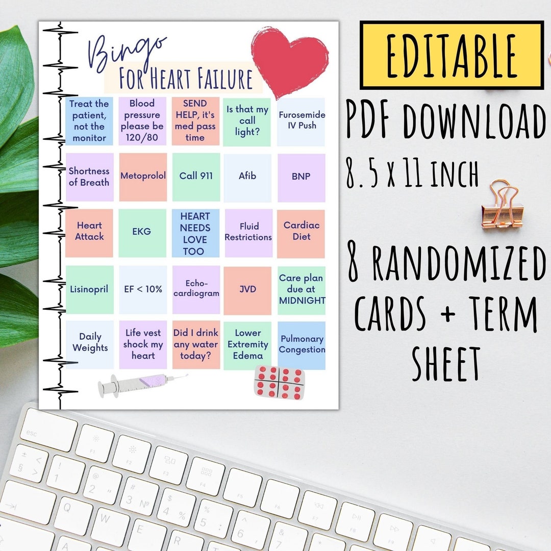 Heart Failure Bingo: 8 Randomized Cards, Education Tool (PDF Download ...