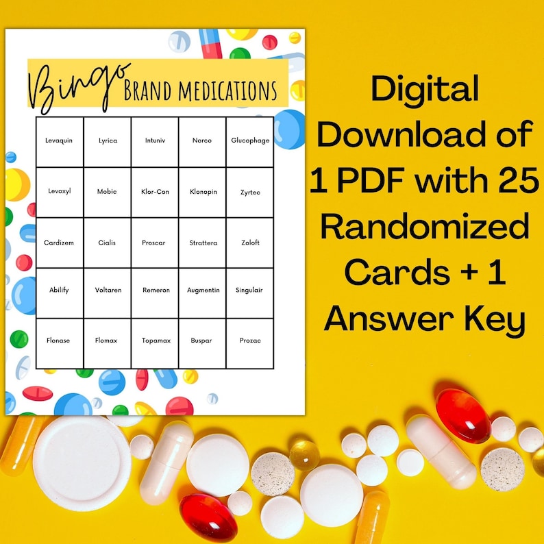 Learning BRAND/GENERIC Medications Bingo Game! 25 Brand Medications on ...