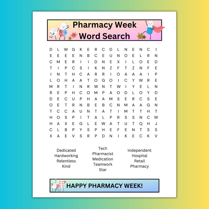 Pharmacy Week Word Search 2 Printable*pharmacist, Pharmacy Tech, Gift ...