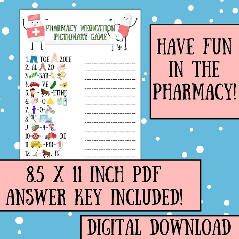 Pharmacy Medication Pictionary Game With Answer Key*pharmacy Games ...