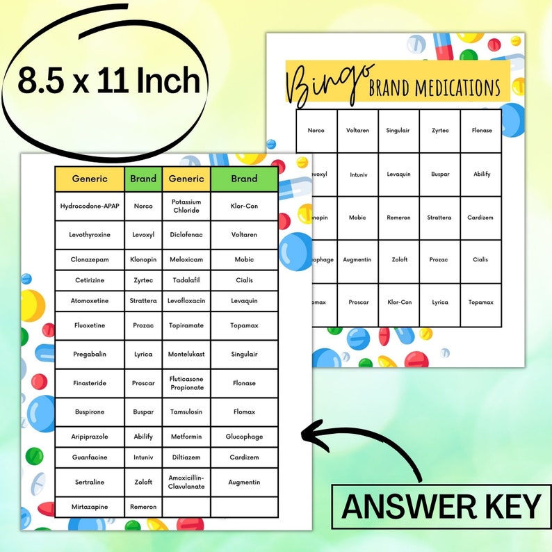 Learning BRAND/GENERIC Medications Bingo Game! 25 Brand Medications on ...