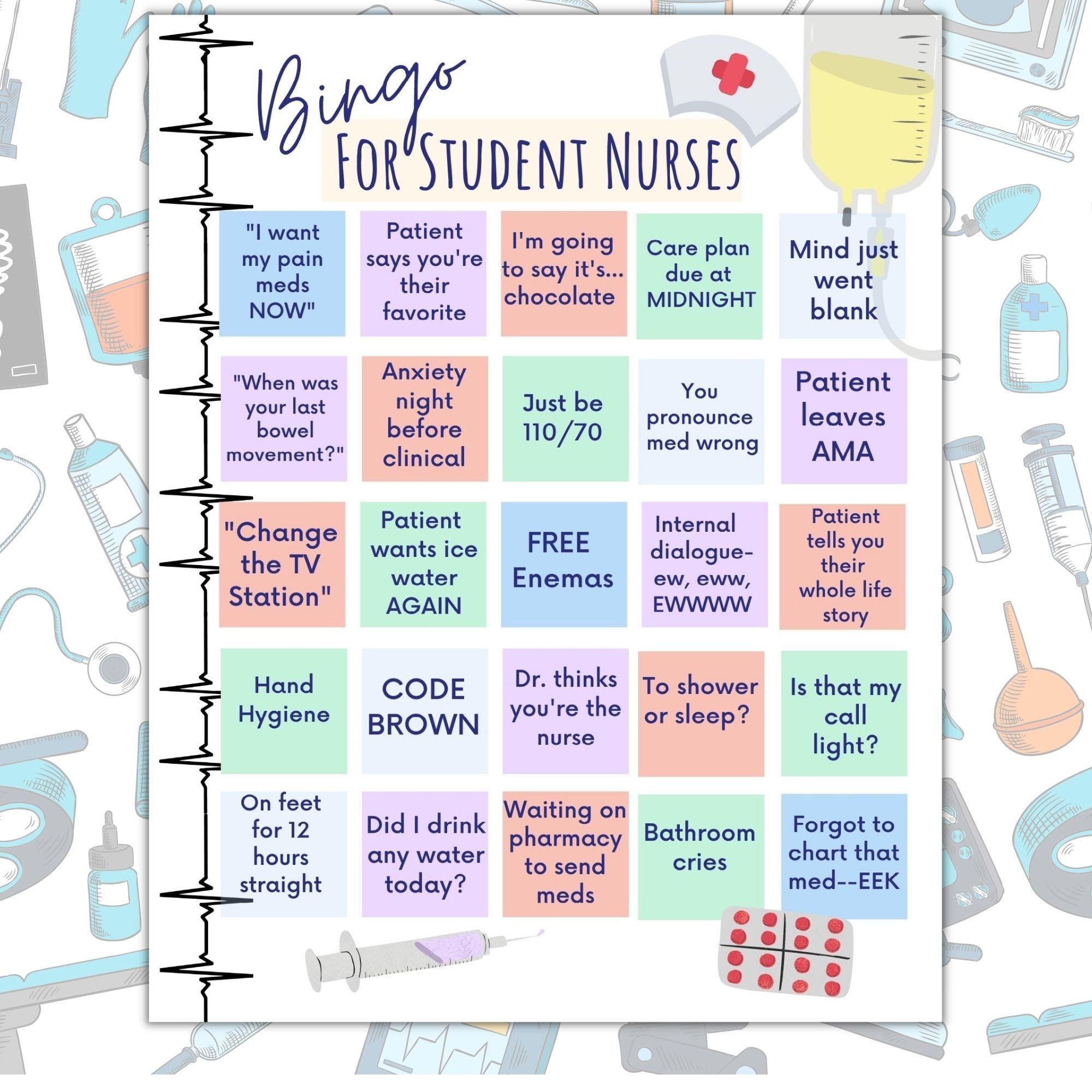Student Nurse Bingo Game: 8 Randomized Cards (digital Download) - Etsy