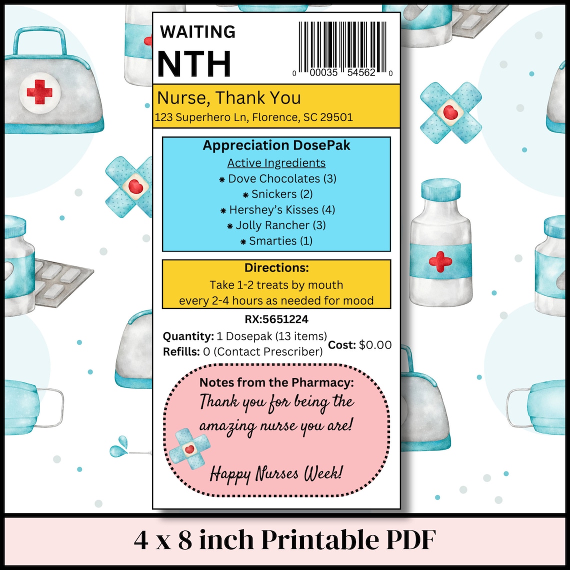 Editable Nurse Week Prescription Label Gift Tag (PDF Digital Download ...