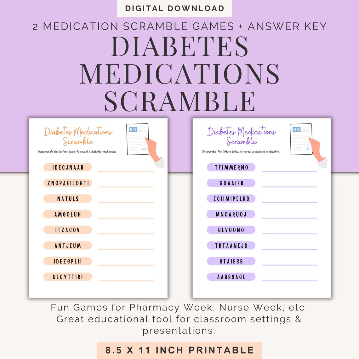 Diabetes Medication Scramble Games: 2 Printable Puzzles (digital ...