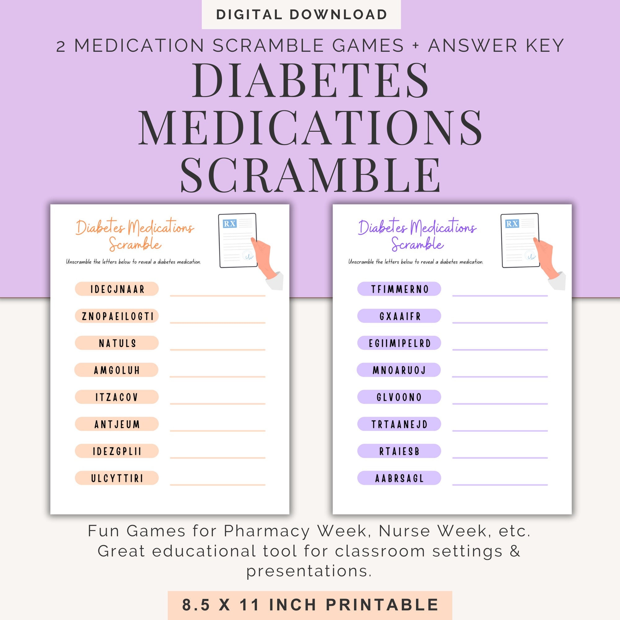 2 Diabetes Medications Scramble Games*digital Download* Medication ...