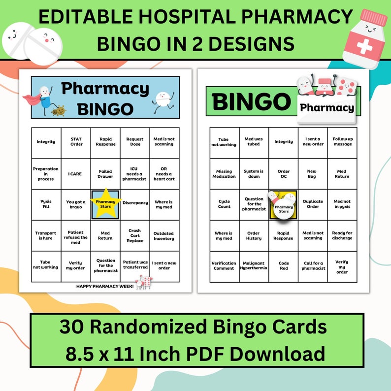 Editable Hospital Pharmacy Bingo Game: 30 Cards (PDF Download) - Etsy