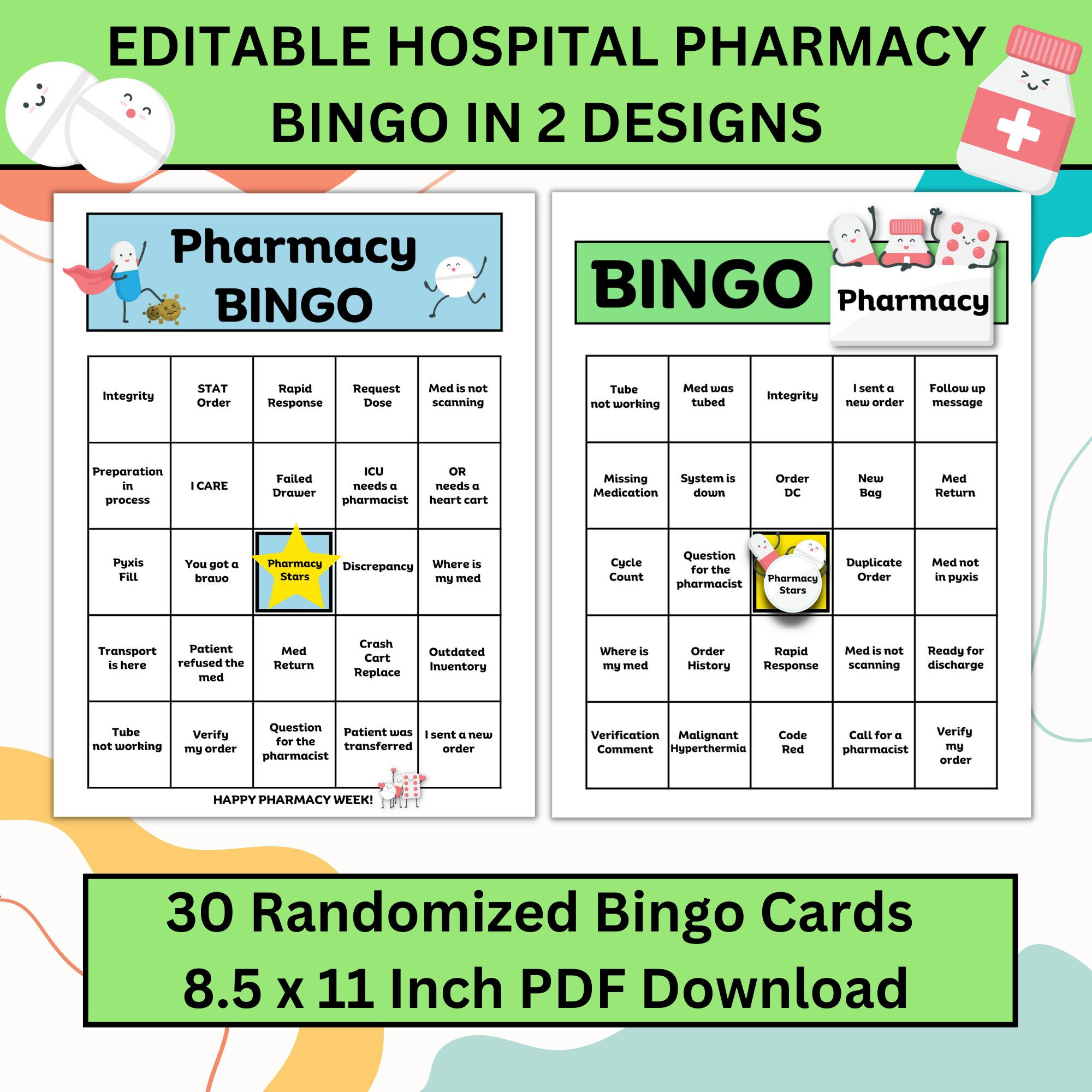 EDITABLE Hospital Pharmacy Bingo*pdf Download*30 Bingo Cards in 2 ...