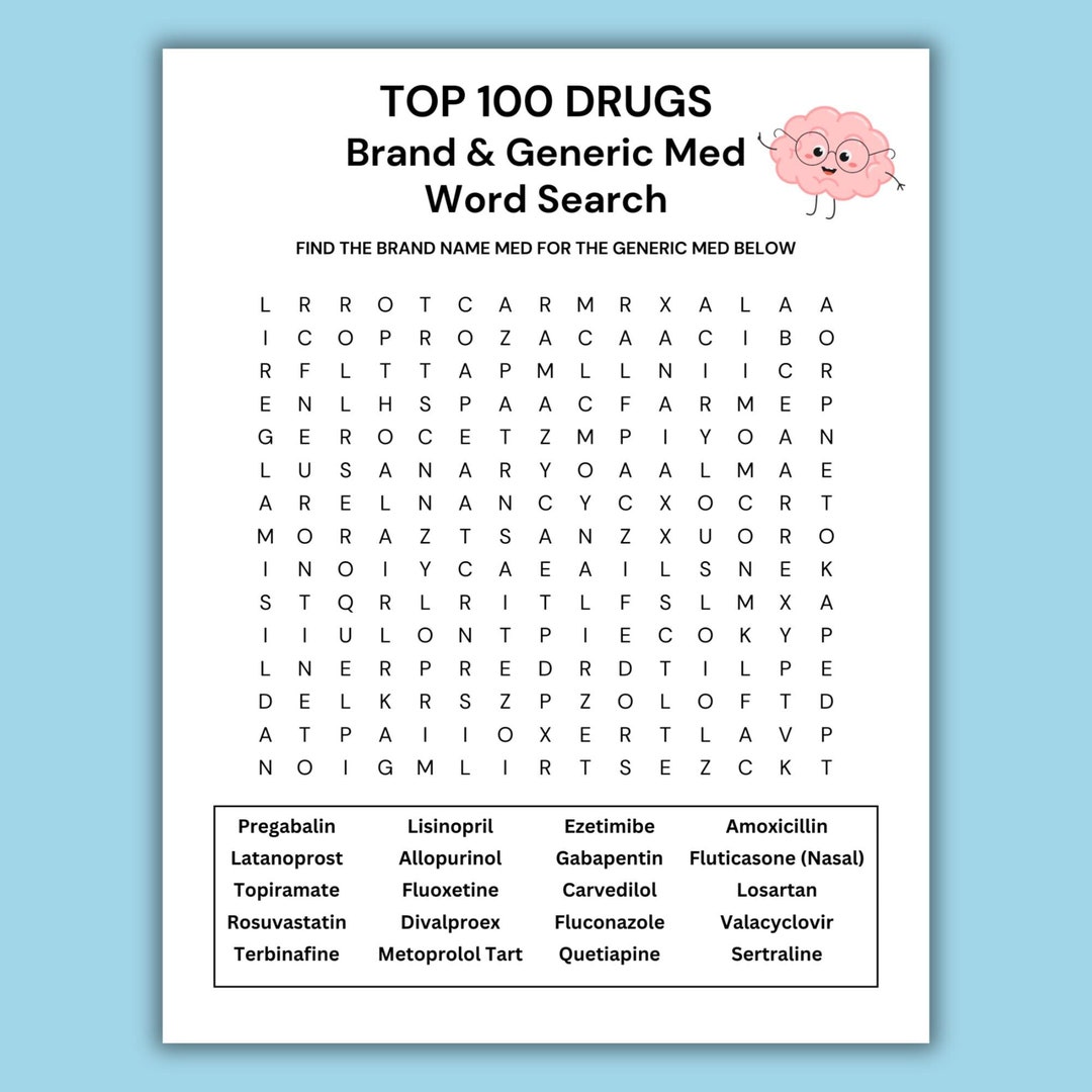 Top 100 Drugs* Medication Word Search*pharmacy, Nursing, Medical ...