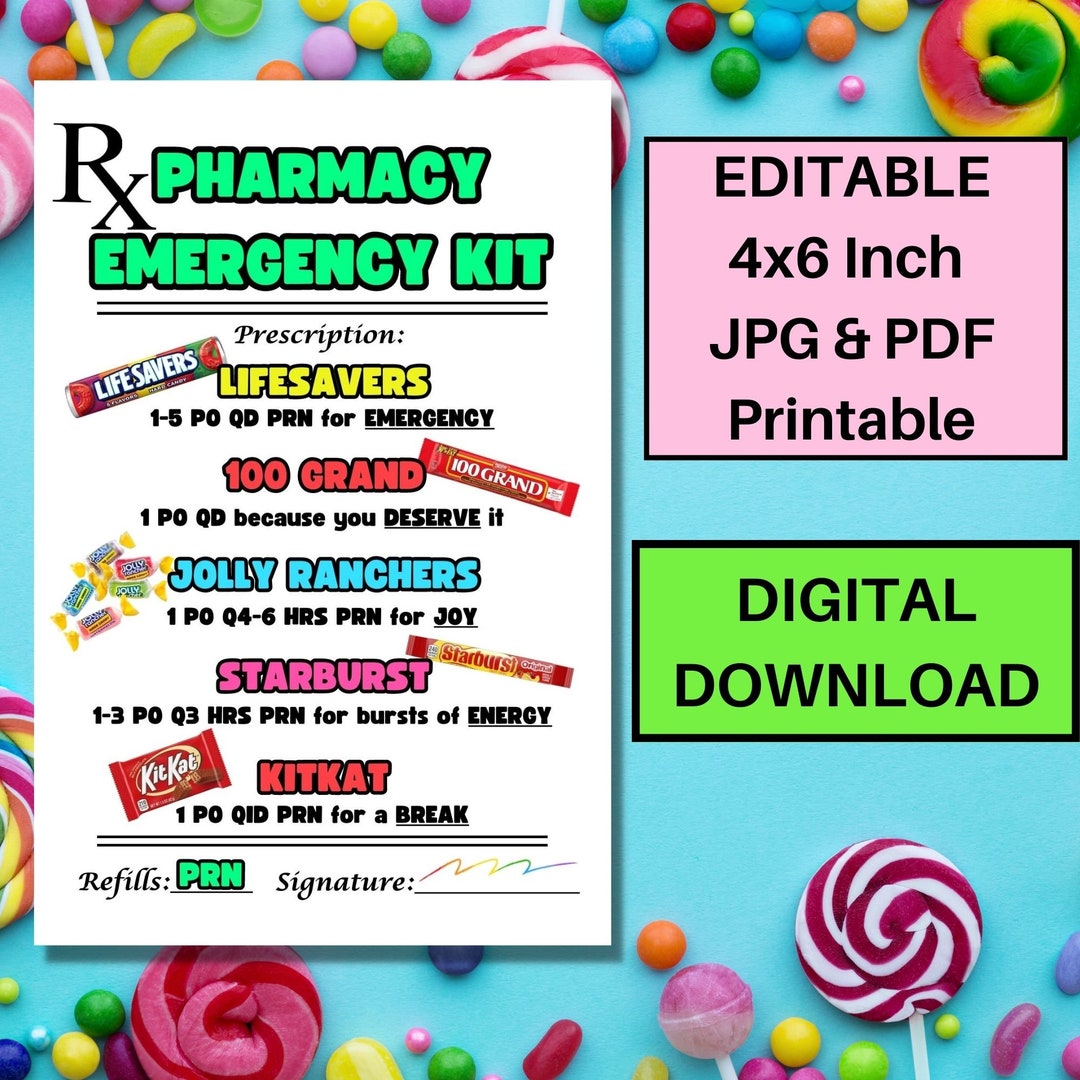 EDITABLE Pharmacy Emergency Candy Kit-survival Kit-prescription 4x6 in ...
