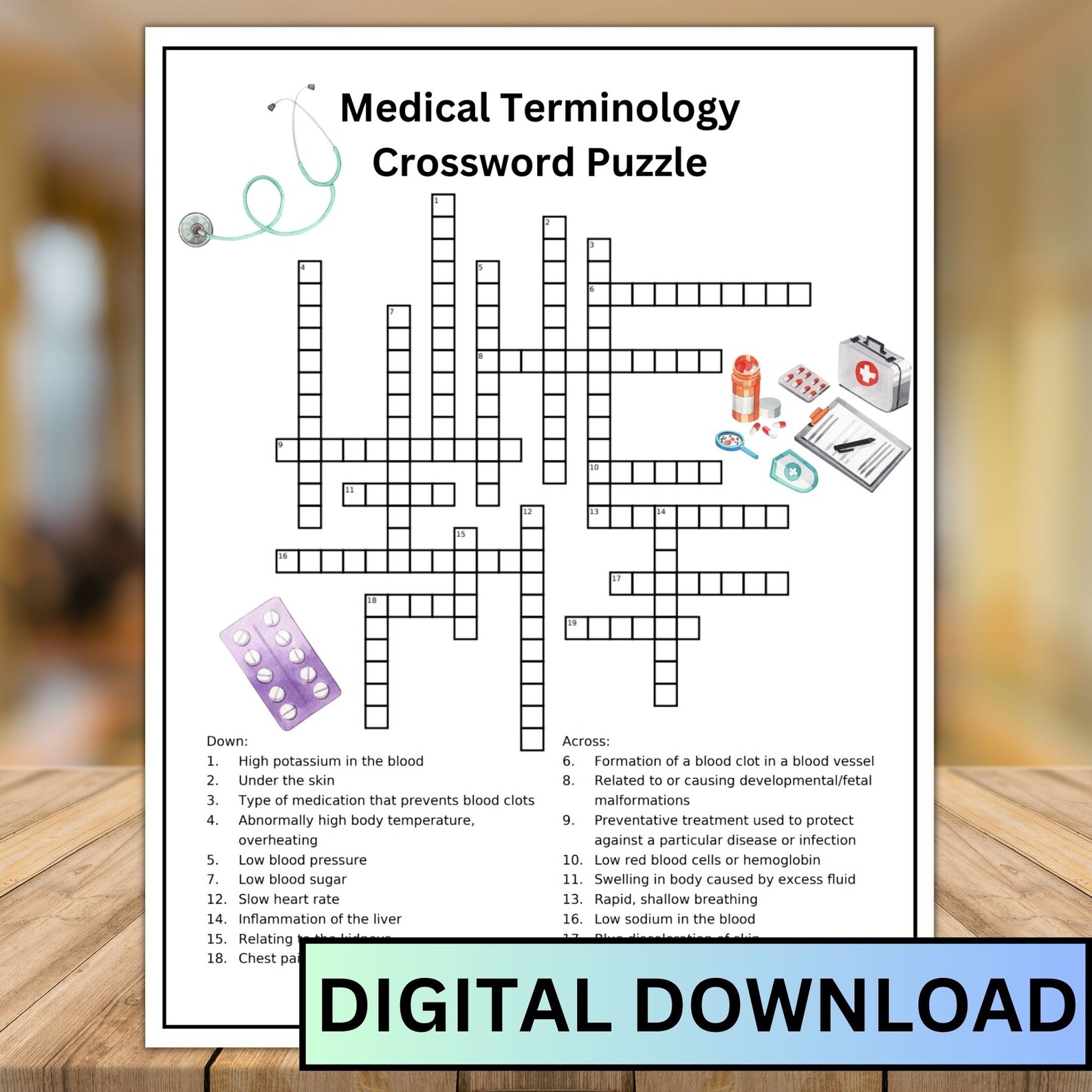 Medical Terminology Crossword Puzzle: Educational Trivia Game (PDF) - Etsy