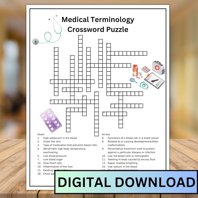 Medical Terminology Crossword Puzzle: Educational Trivia Game (PDF) - Etsy