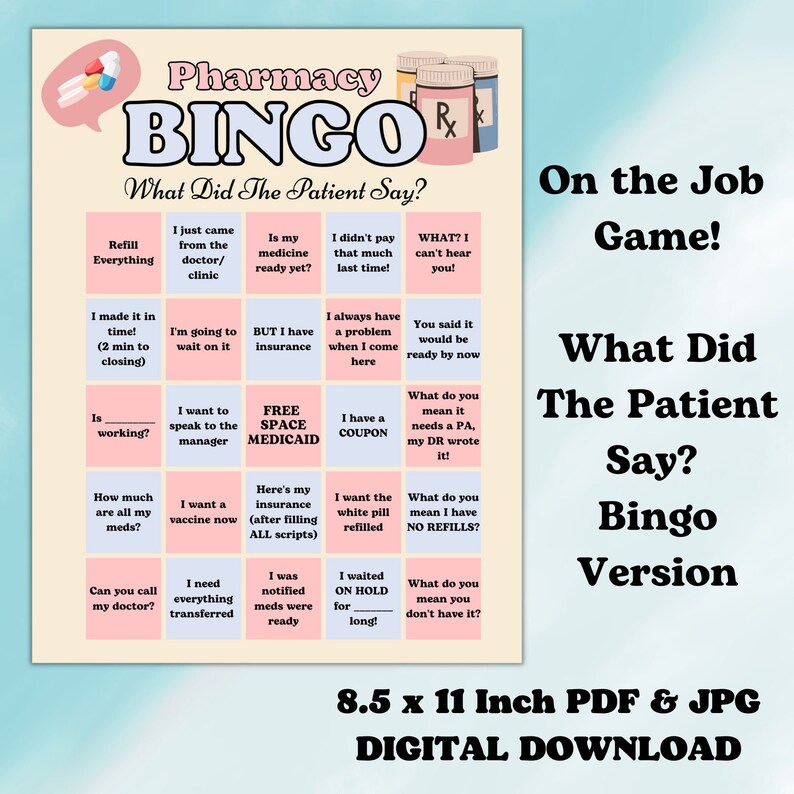 Pharmacy Bingo Game: What Did the Patient Say? (PDF & JPG) - Etsy