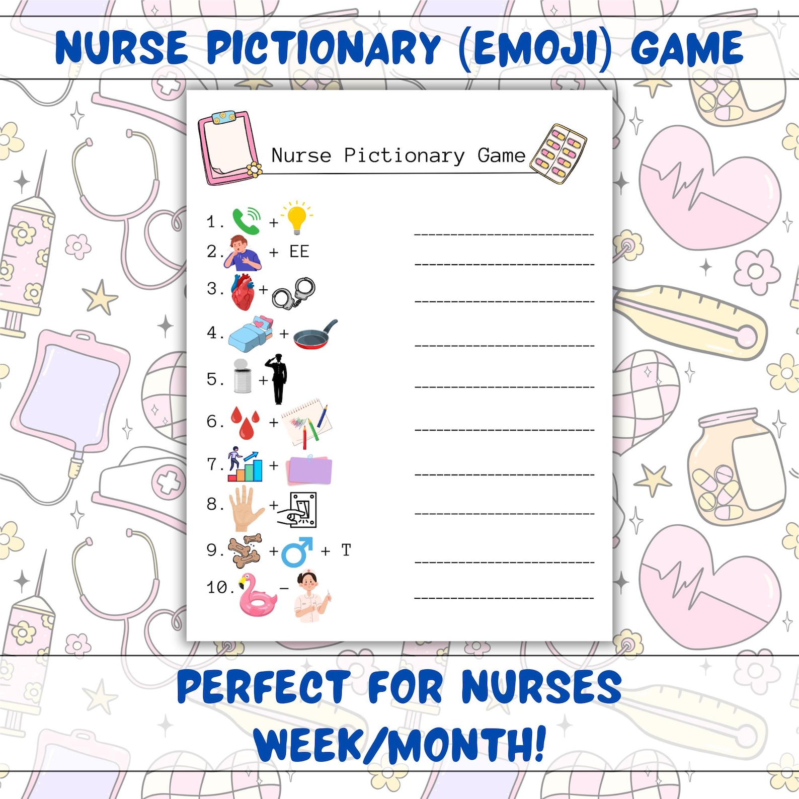 Nurse Emoji Pictionary Game Printable | Nurses Week Party Game ...