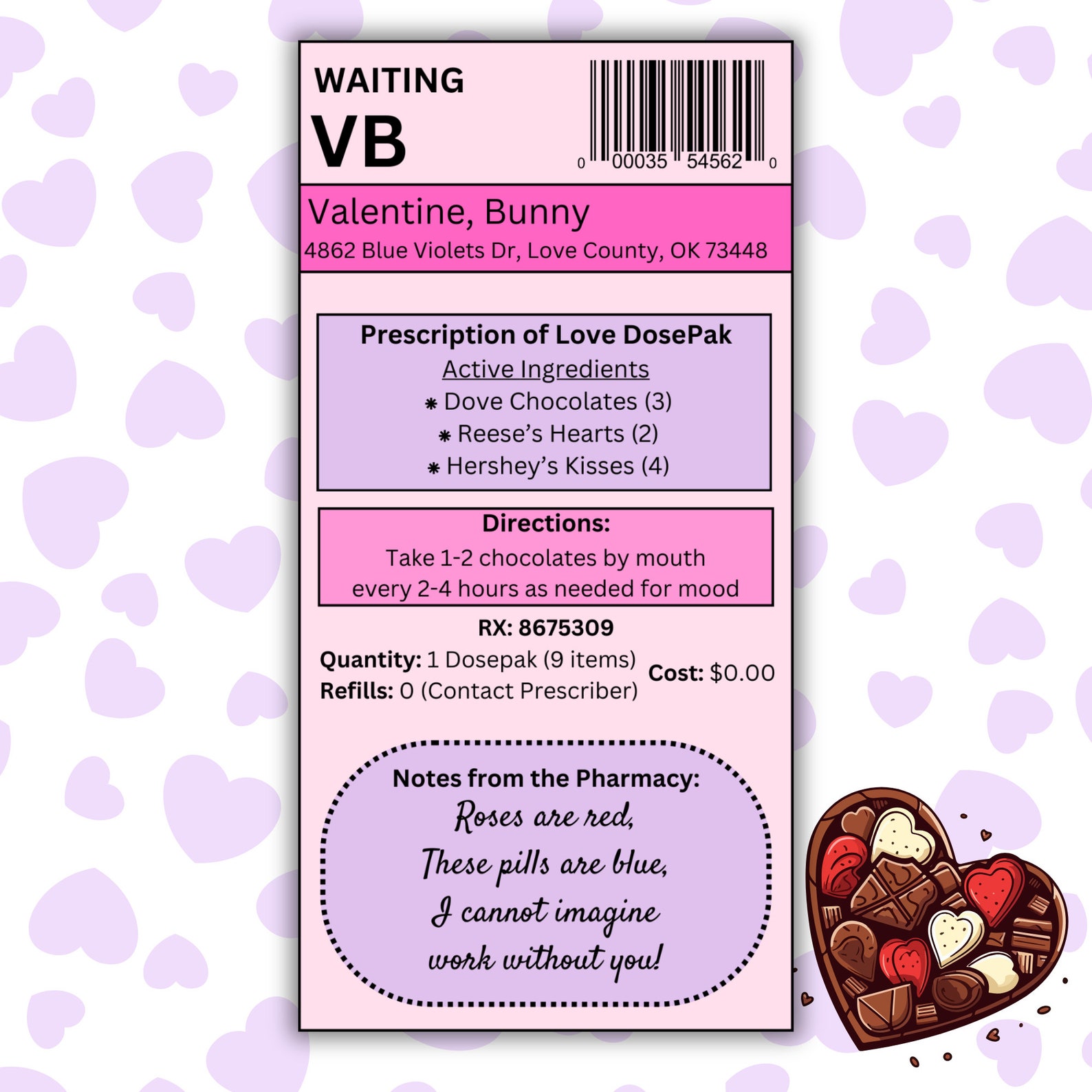 Editable Valentine's Prescription Label: Gift Tag (4x8 Inch PDF Digital ...