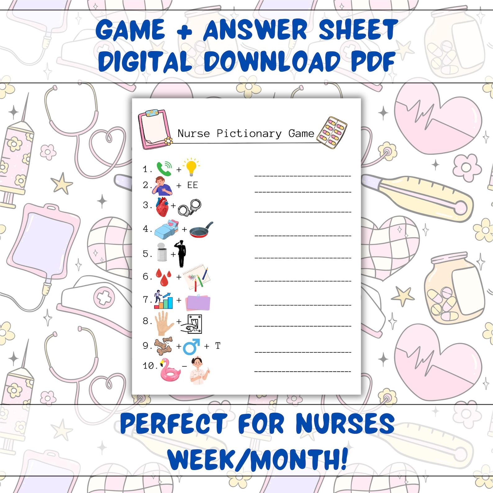Nurse Emoji Pictionary Game Printable | Nurses Week Party Game ...