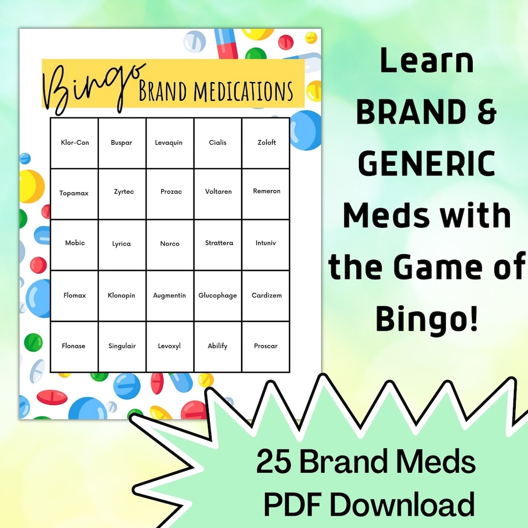 Learning BRAND/GENERIC Medications Bingo Game! 25 Brand Medications on ...