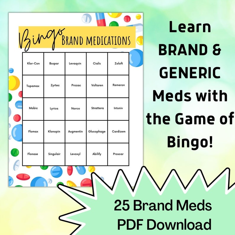 Learning BRAND/GENERIC Medications Bingo Game! 25 Brand Medications on ...