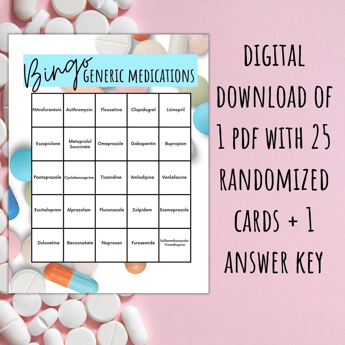 Learning Generic Medications Bingo Game! PDF Download With 25 Generic ...