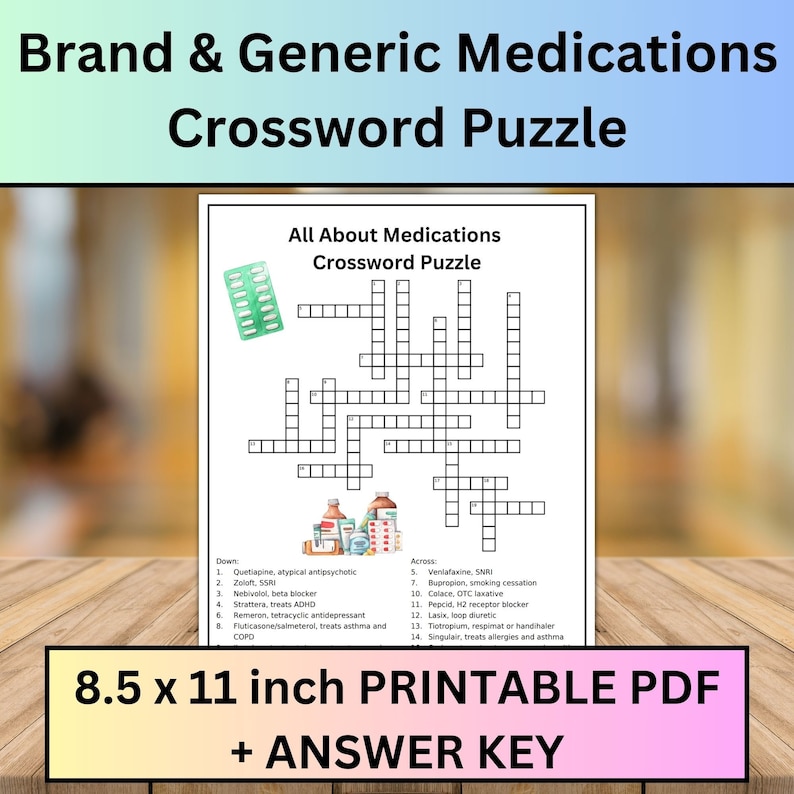 Medications Crossword Puzzle: Brand & Generic Meds (digital Download ...