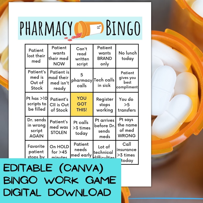 EDITABLE Pharmacy Work Bingo⁕⁕ PDF Digital Download⁕⁕8.5 X 11 Inch--10 ...