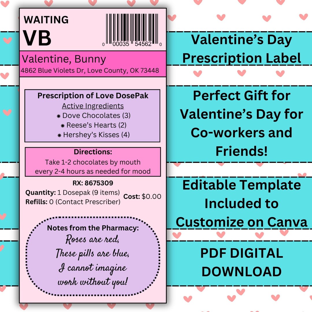 Editable Valentine's Prescription Label: Gift Tag (4x8 Inch PDF Digital ...