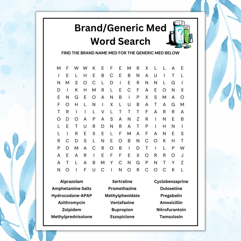 Medication Word Search: Brand Vs Generic Pharmacy Game (PDF Download ...