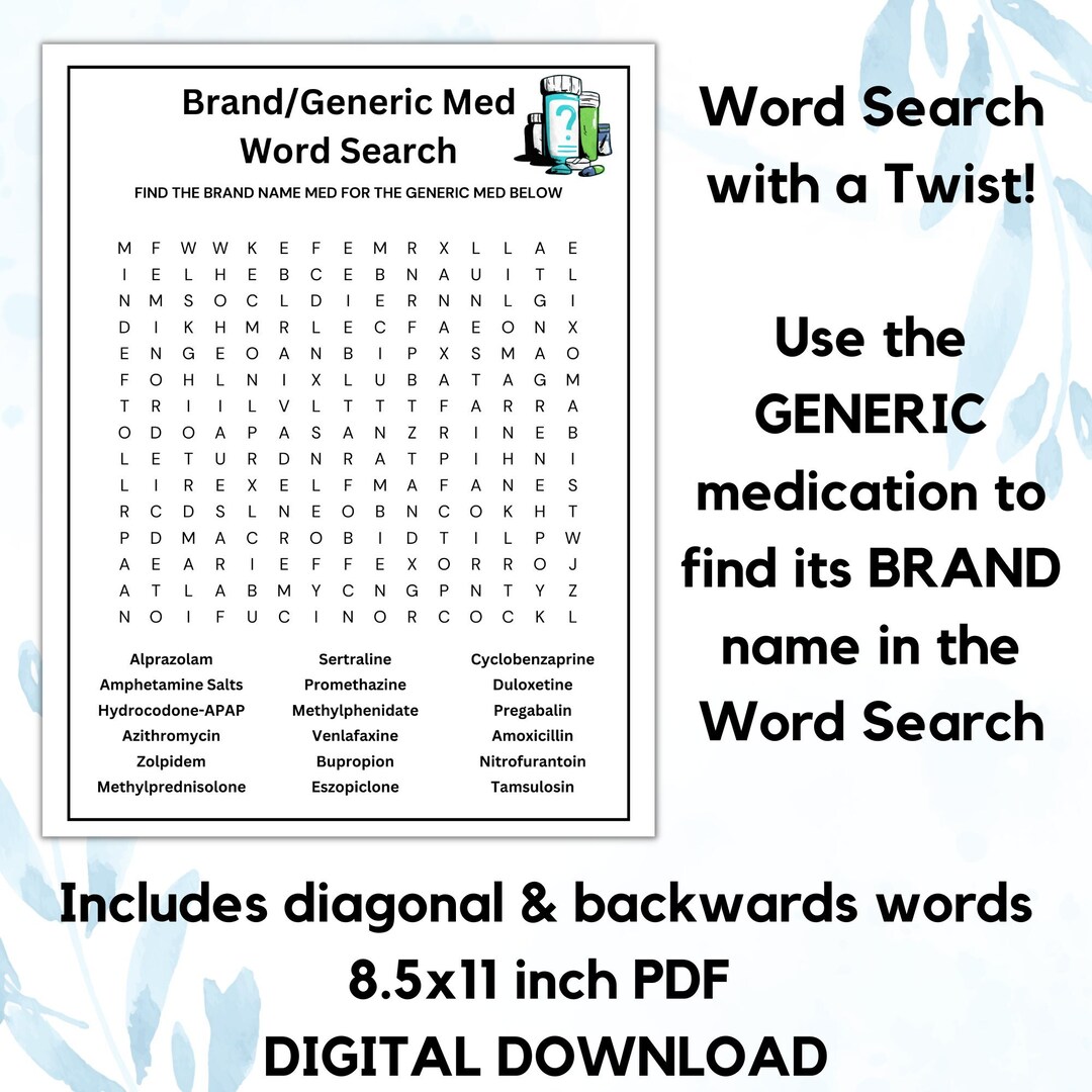 Medication Word Search: Brand Vs Generic Pharmacy Game (PDF Download ...