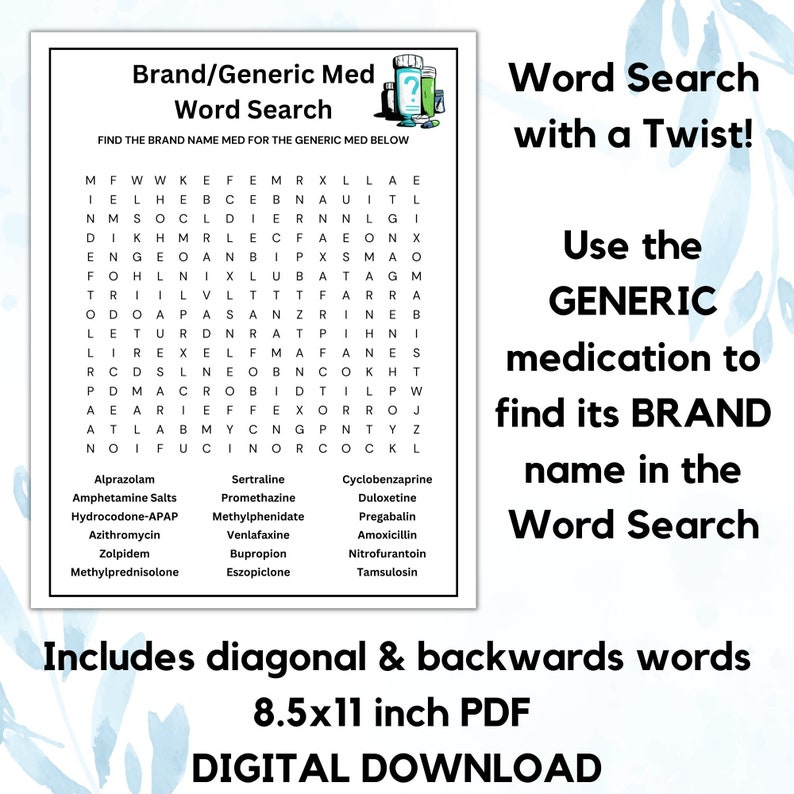 Medication Word Search: Brand Vs Generic Pharmacy Game (PDF Download ...
