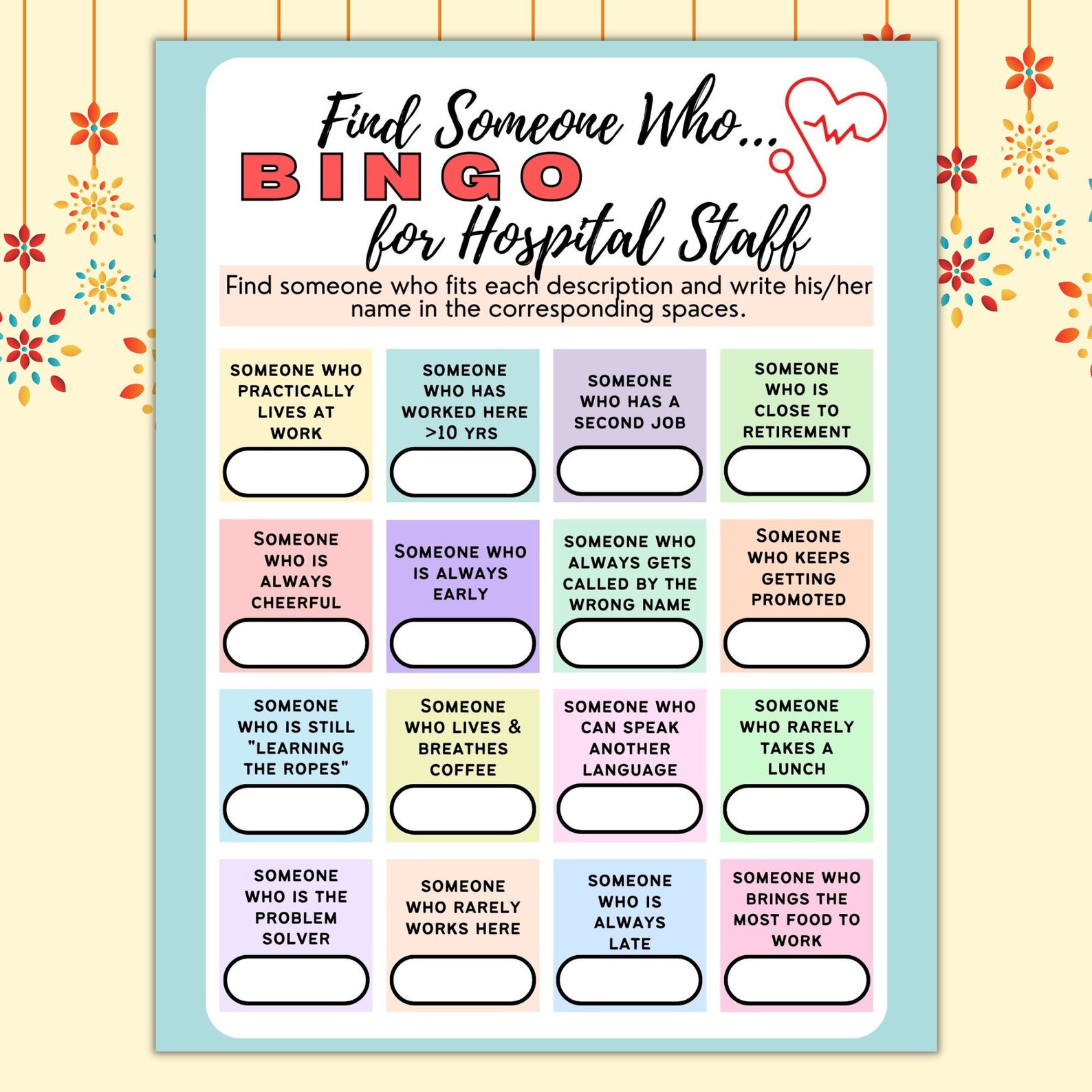 Hospital Staff Bingo Game: Get to Know You Activity (PDF Digital ...