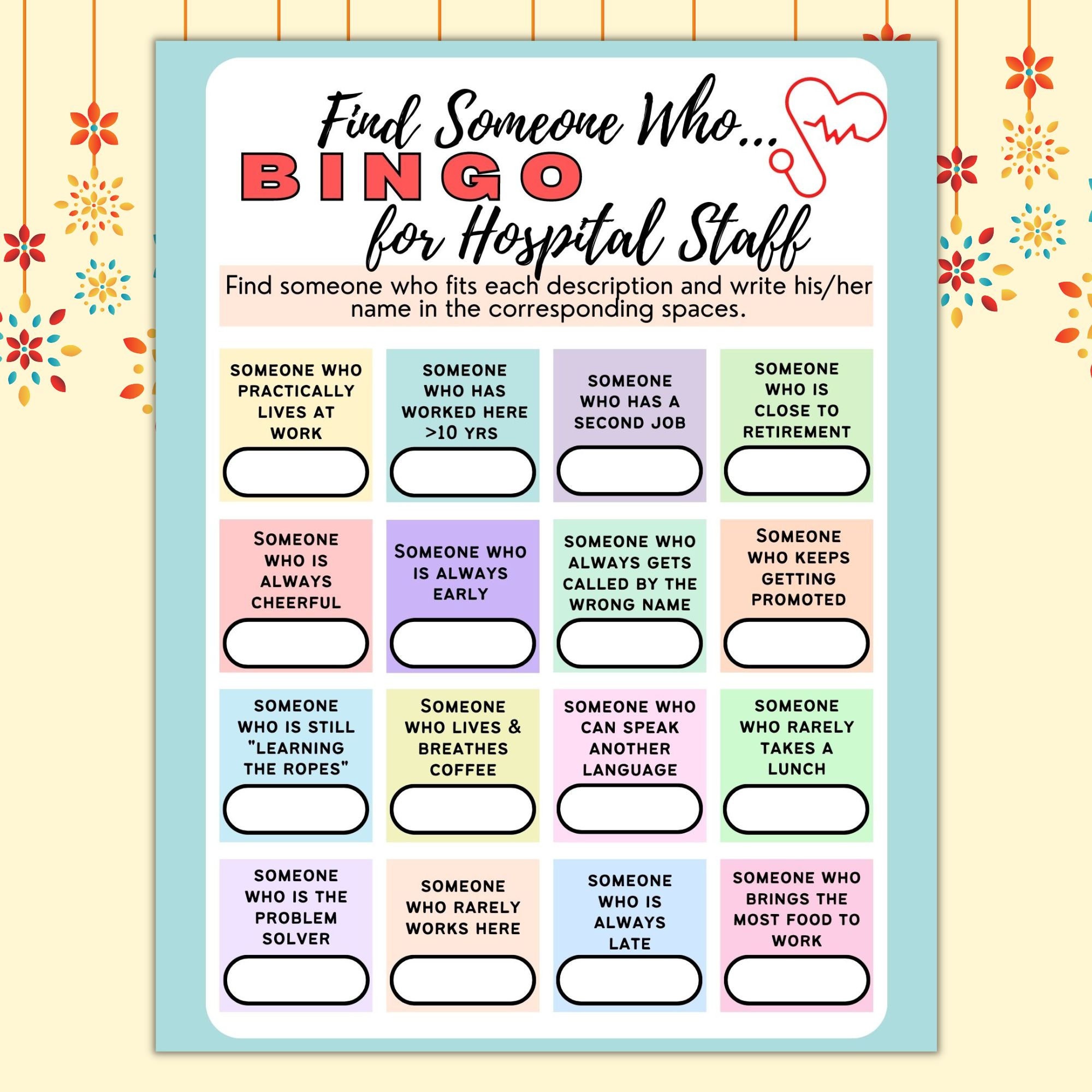 Bingo Game for Hospital Staff ⁕ PDF 8.5 X 11 Inch ⁕ Digital Download ...