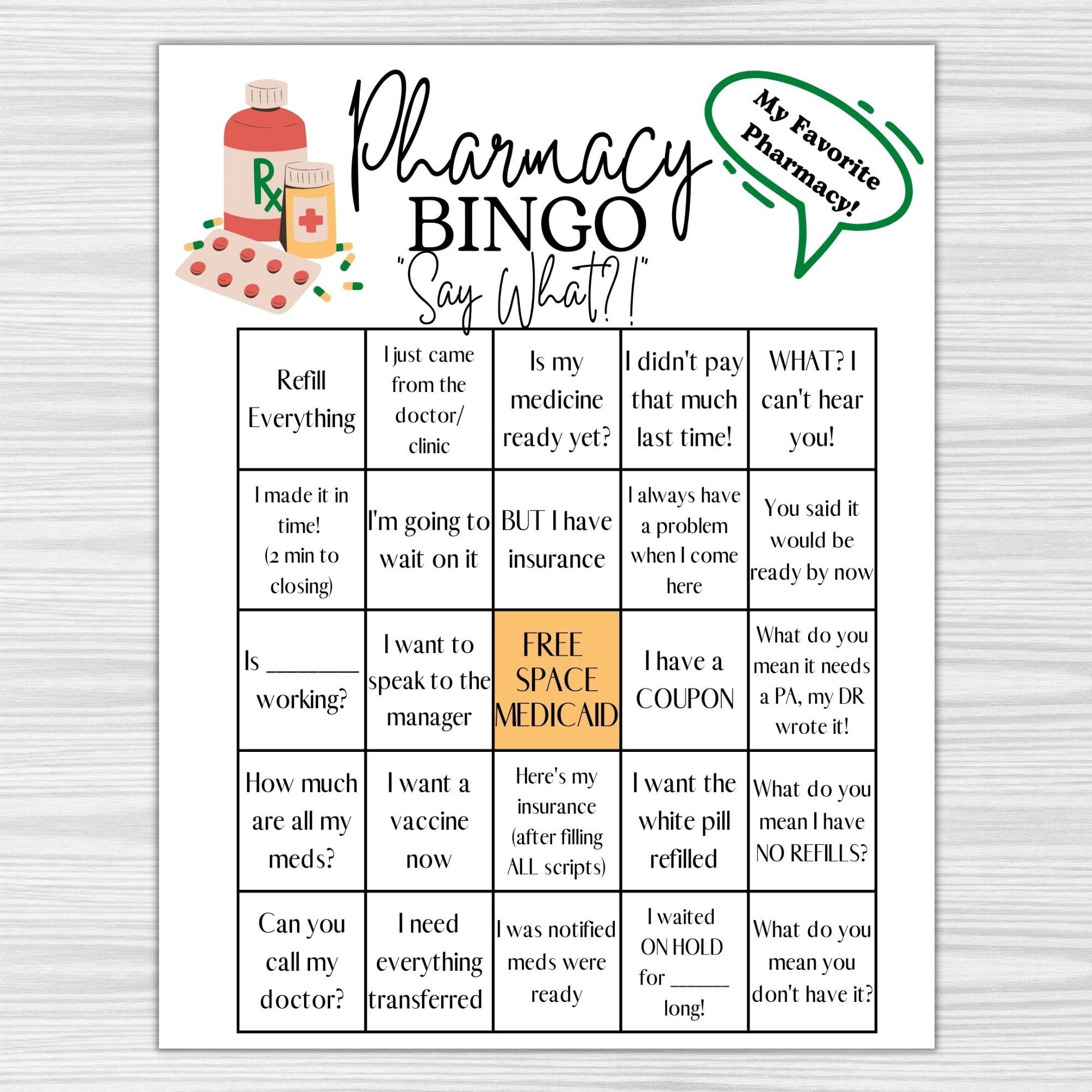 Funny Pharmacy Bingo Card - "say What?!" - PDF & JPG Digital Download - Etsy