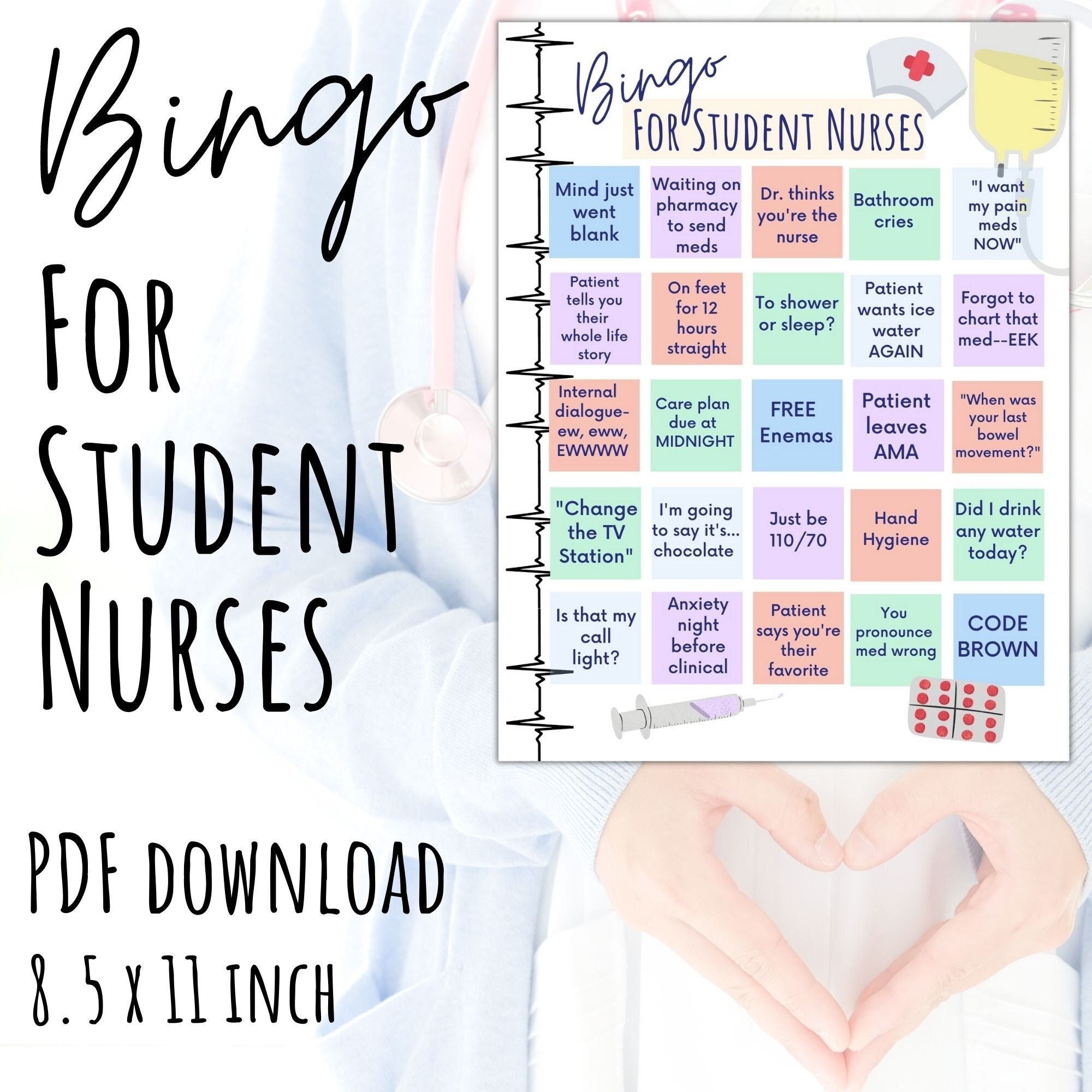 Bingo for Student Nurses ⁕PDF 8.5 X 11 Inch⁕ Digital Download⁕ Nurse ...