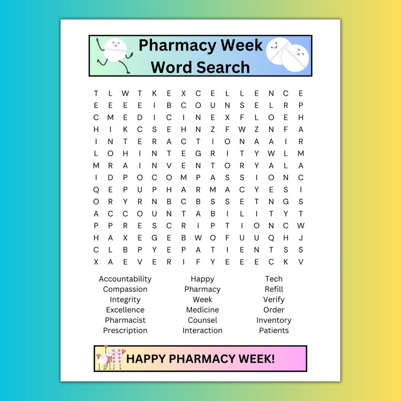 Pharmacy Week Word Search: Fun Team Game (PDF Download) - Etsy