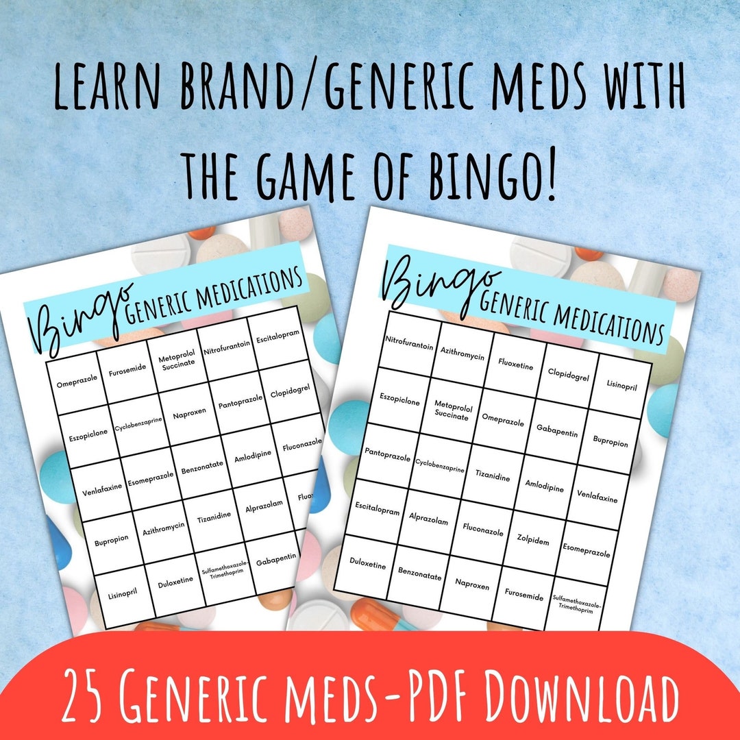 Learning Generic Medications Bingo Game! PDF Download With 25 Generic ...