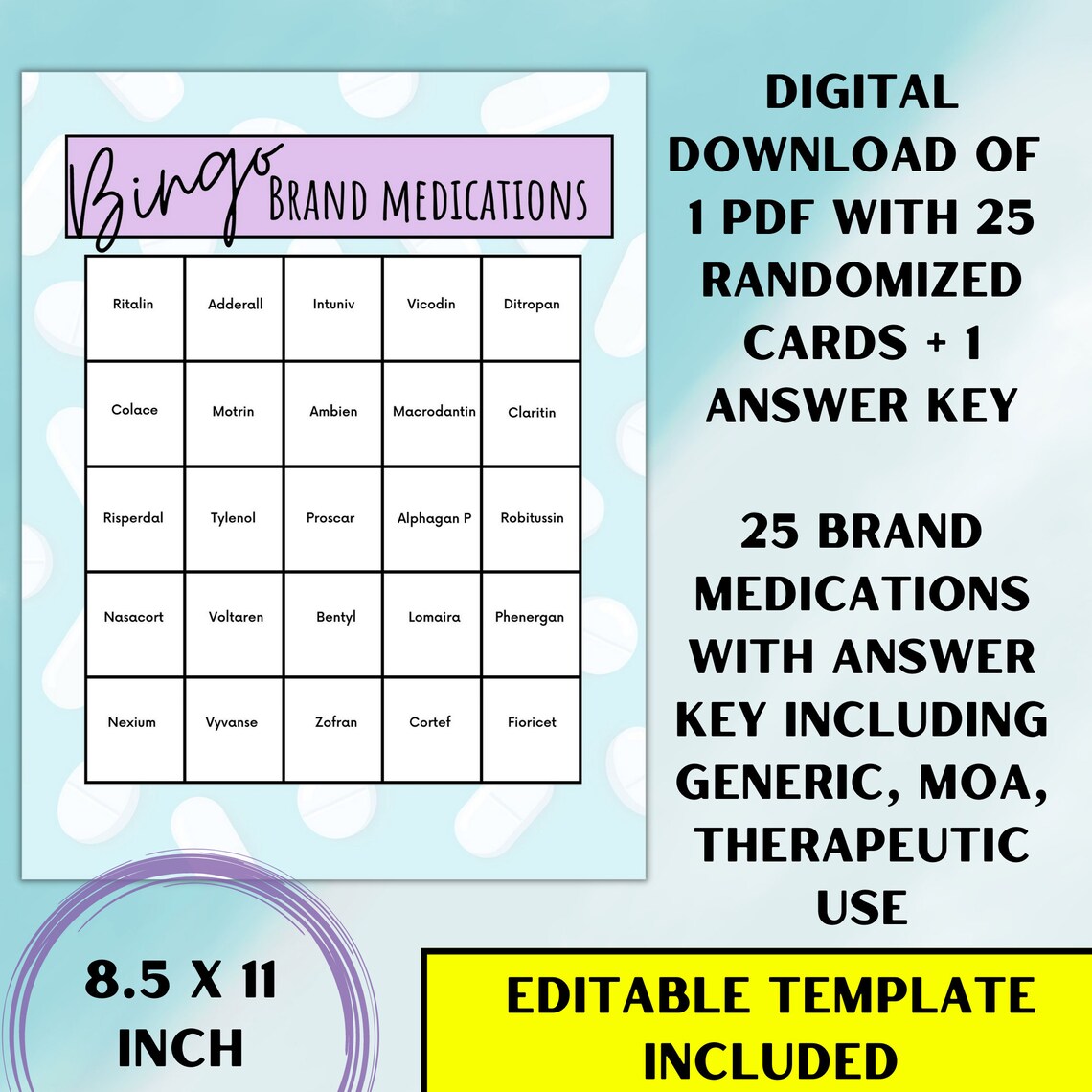 EDITABLE Brand Name Medication Bingo*digital Download of 25 Cards ...