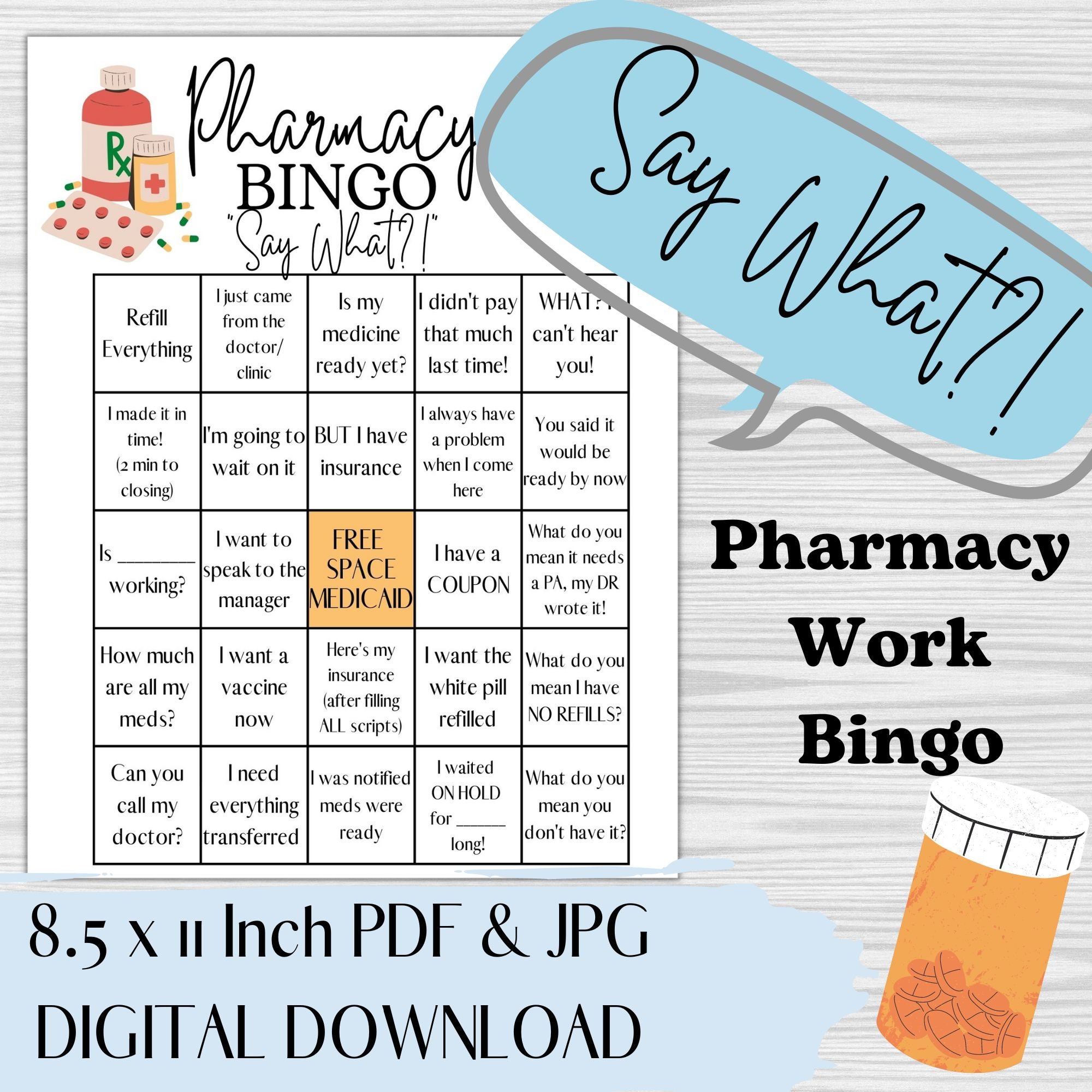 Funny Pharmacy Bingo Card - "say What?!" - PDF & JPG Digital Download - Etsy