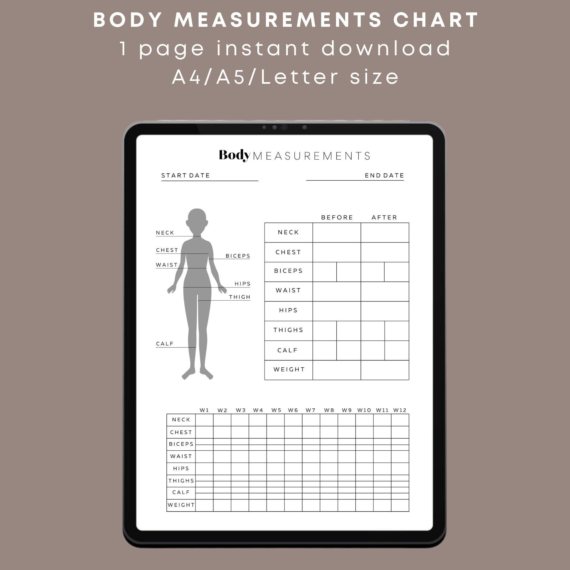 Body Measurement Chart 12 Week Challenge Tracker Printable PDF Body ...