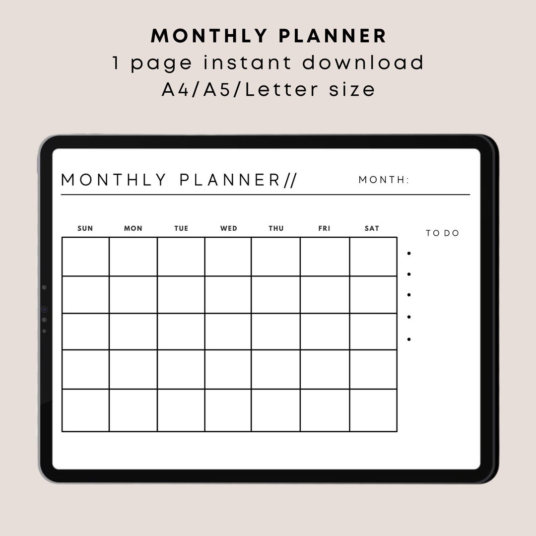 Minimalist Monthly Planner Printable, One Page Productivity Planner,a4 ...
