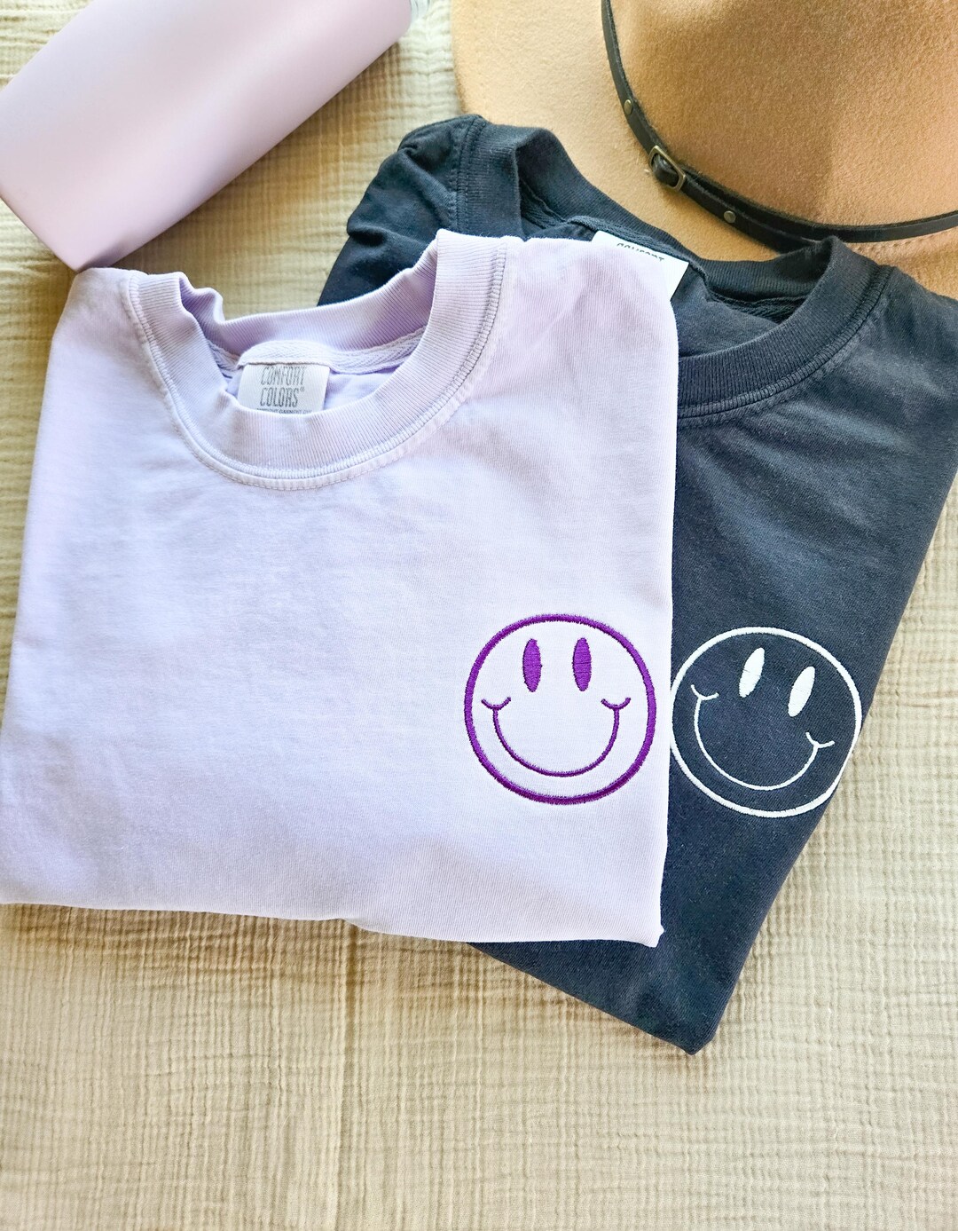 Comfort Colors Embroidered Smiley Face Short Sleeve Shirt-retro Smiley ...