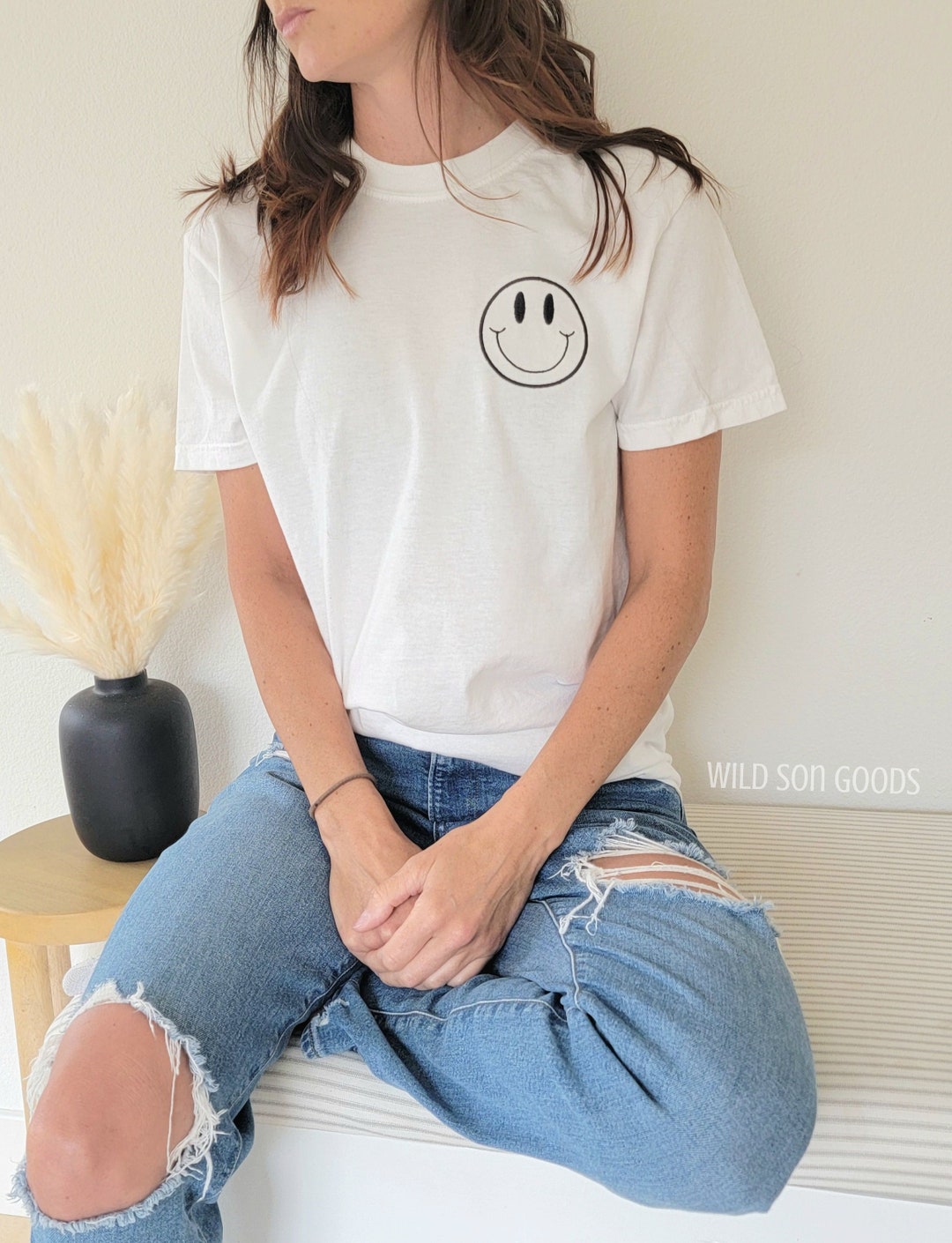 Comfort Colors Embroidered Smiley Face Short Sleeve Shirt-retro Smiley ...