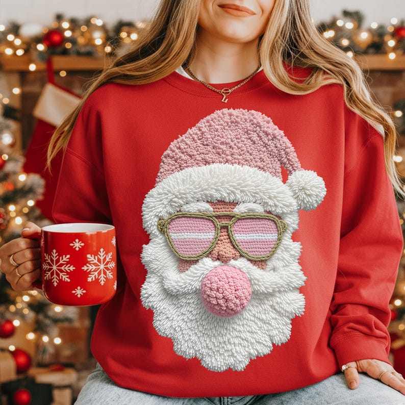 Pink Punch Needle Santa PNG, Cozy Latch Hook Yarn Christmas Png, Faux ...