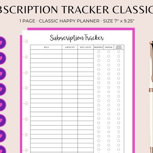SUBSCRIPTION TRACKER Classic Planner Printable Happy Planner - Etsy