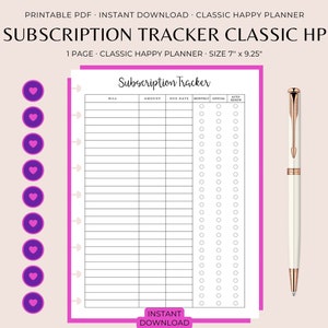 SUBSCRIPTION TRACKER Classic Planner Printable Happy Planner - Etsy