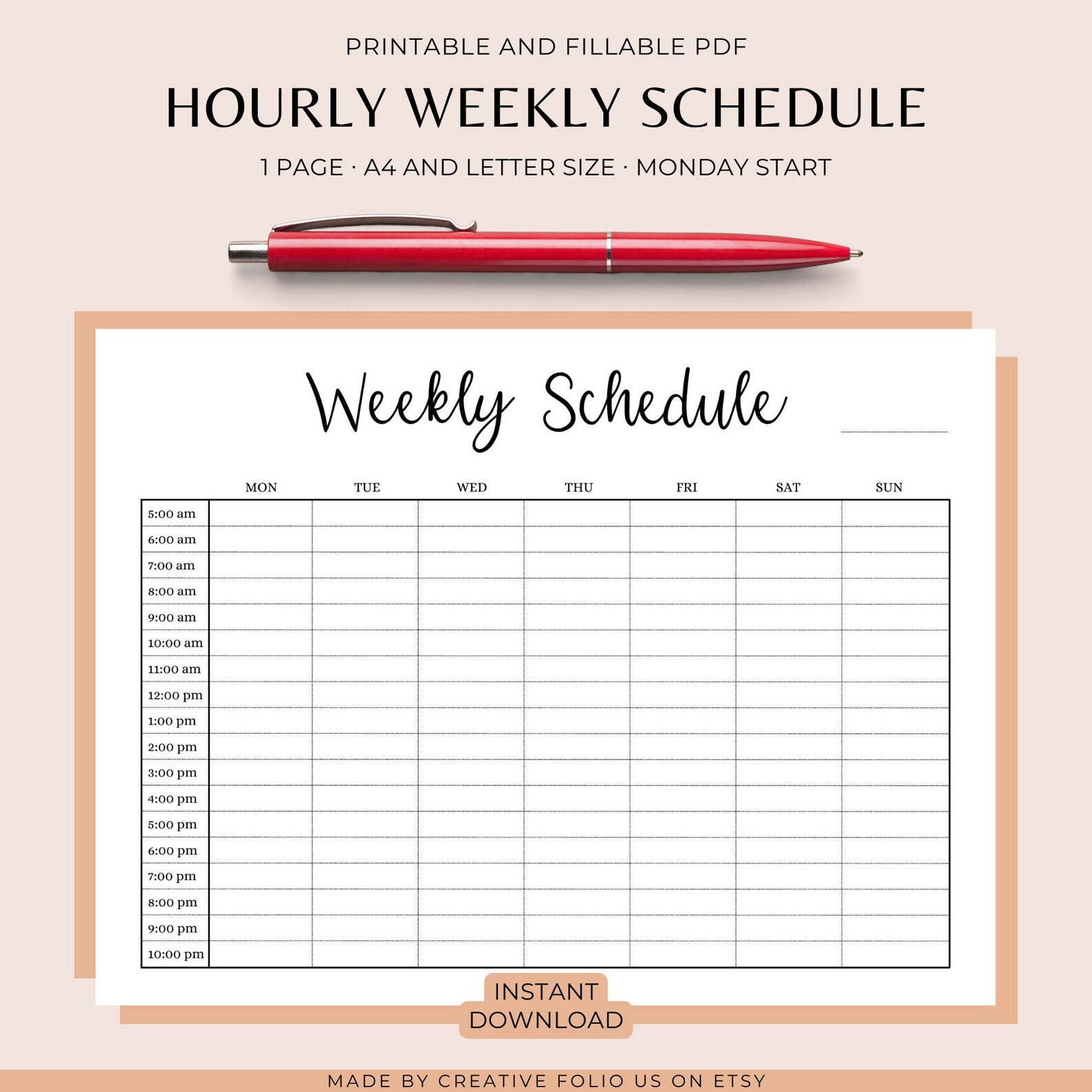 Hourly Weekly Schedule, Weekly Schedule Template, Desk Planner, Weekly ...