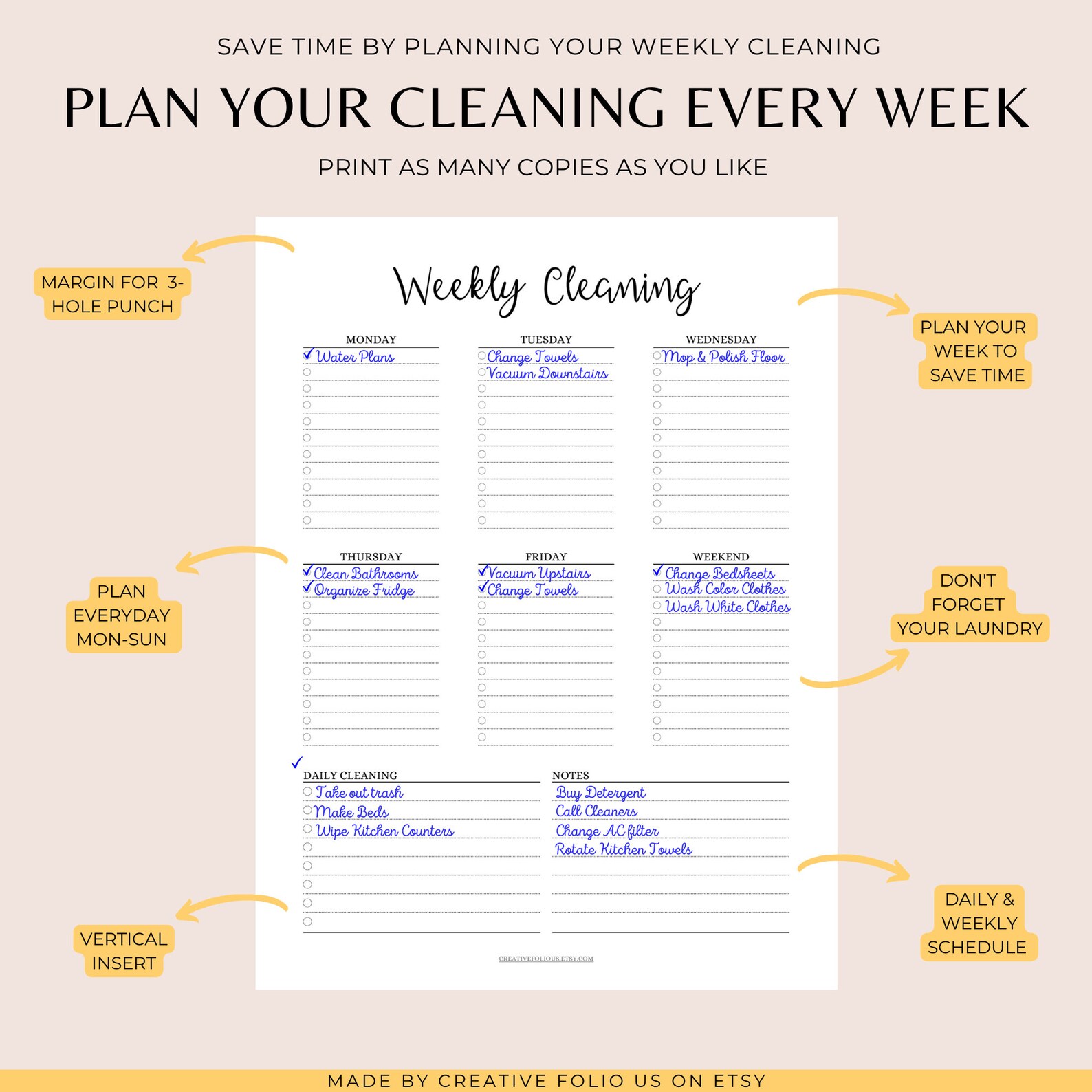 Weekly Cleaning Schedule Printable Cleaning Schedule - Etsy