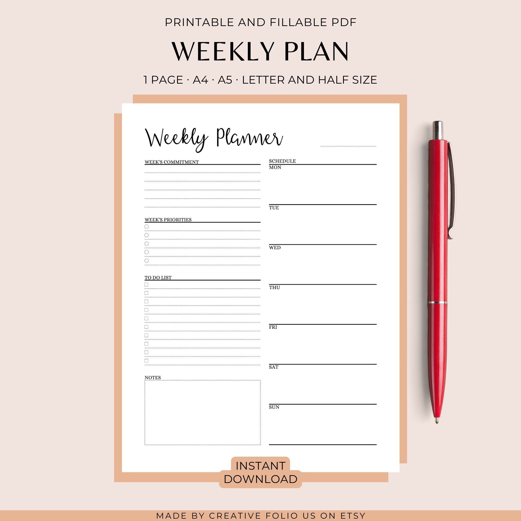 Weekly Planner, Printable Planner A5/a4/half Letter/letter Size ...
